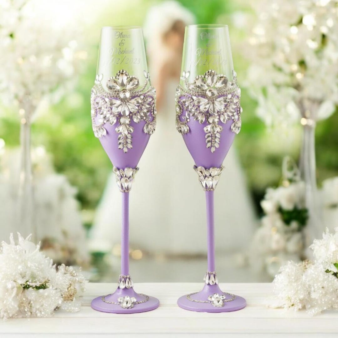 Elegant Lavender Wedding Set, Custom Champagne Glasses, Unity Candle ...