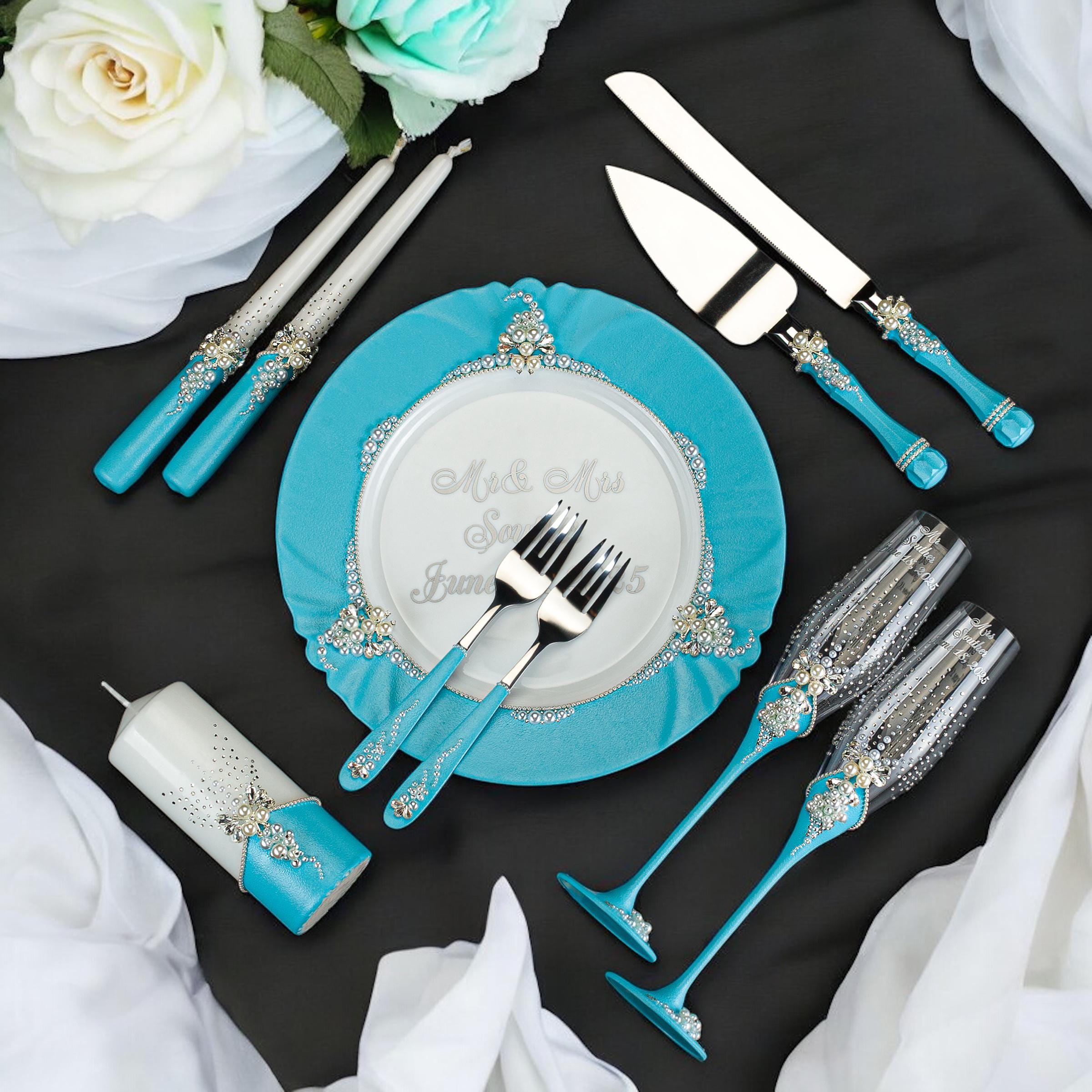 Custom Bridal Set With Engraved Flutes Plate Knife Server and Candles ...
