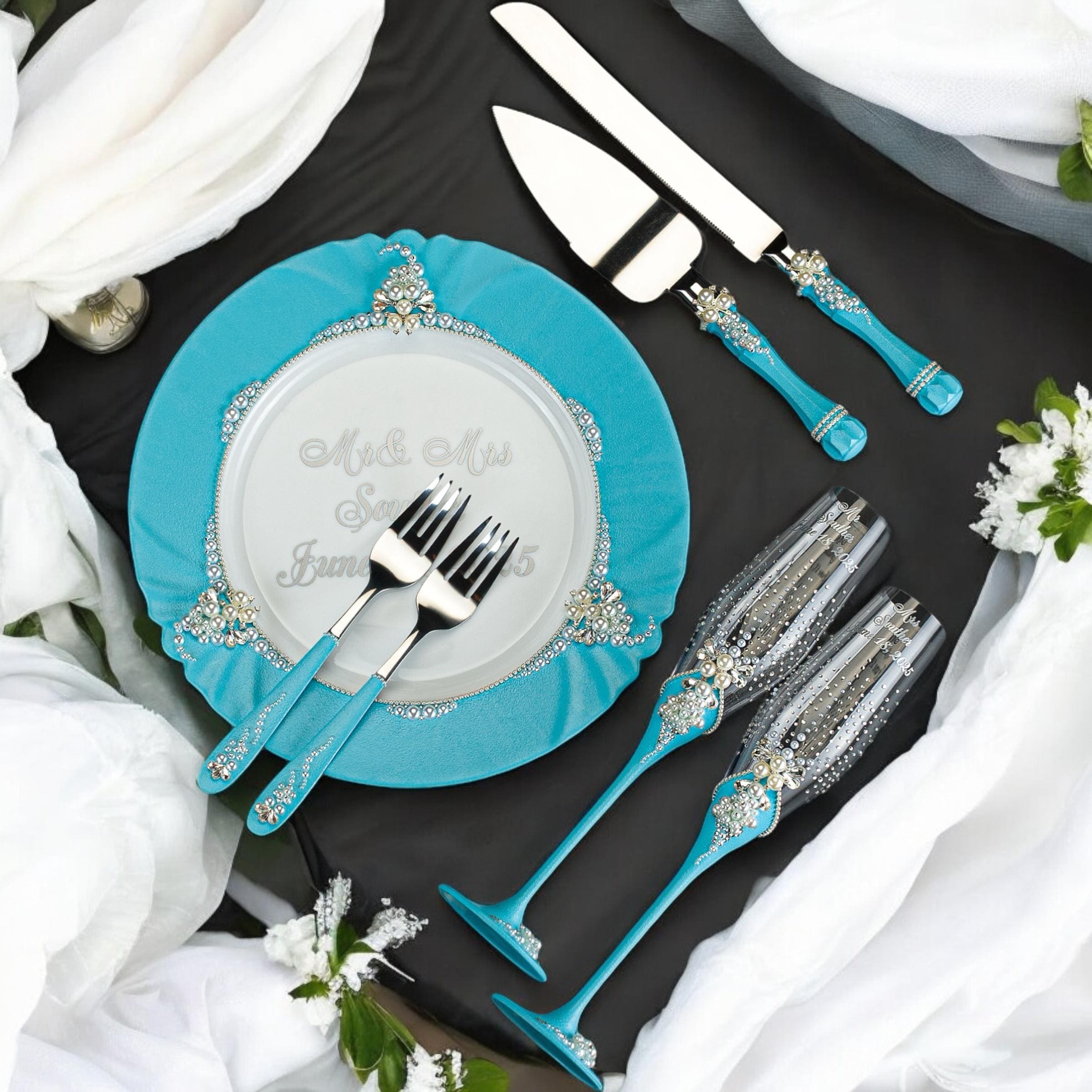 Custom Bridal Set With Engraved Flutes Plate Knife Server and Candles ...