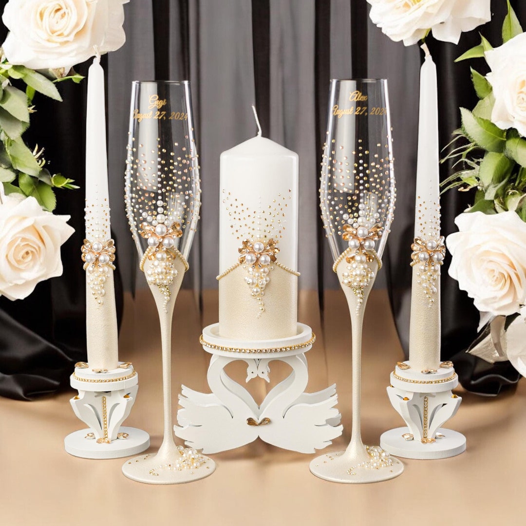 Ivory Wedding Ceremony Set With Engraved Glasses, Unity Candles, Cake ...