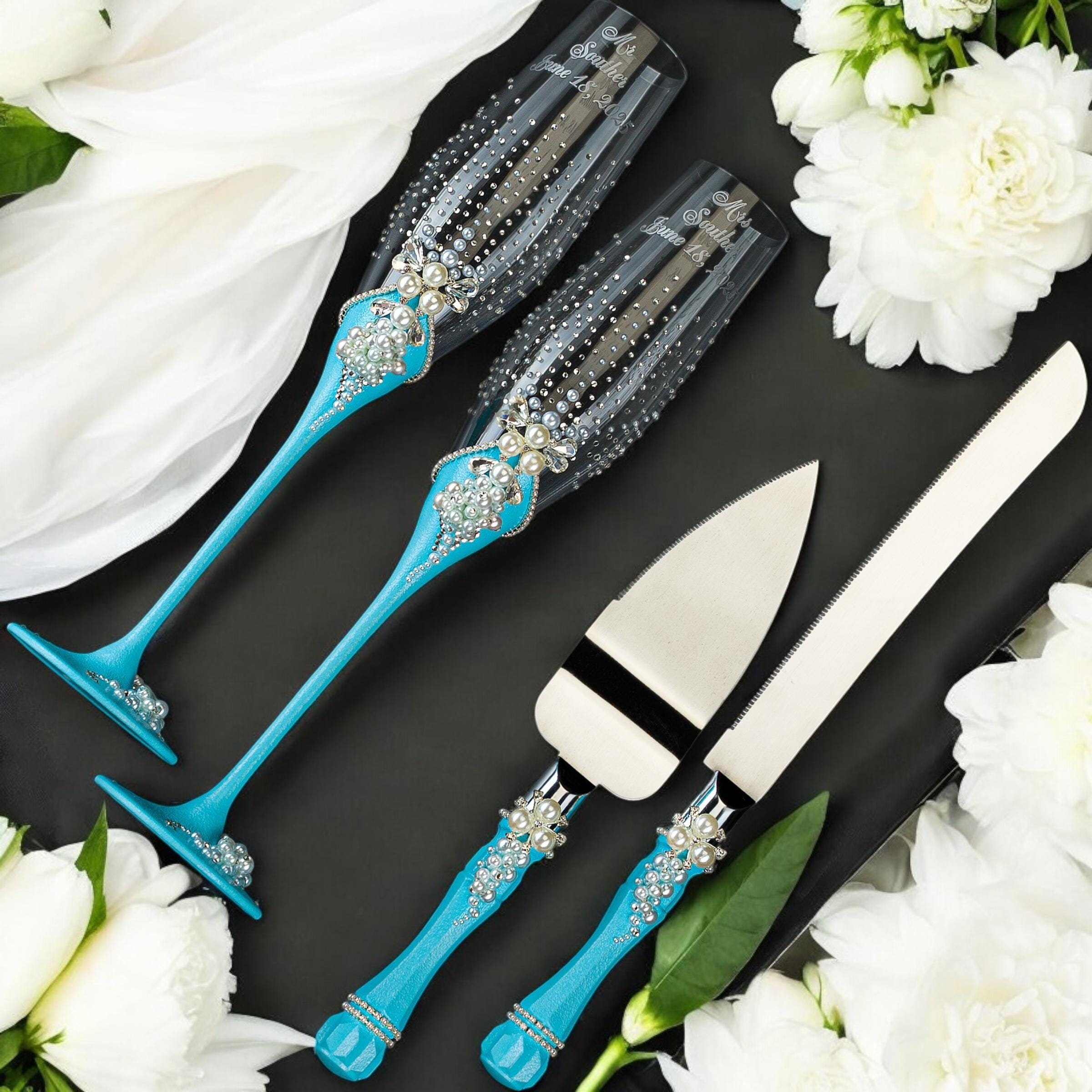 Custom Bridal Set With Engraved Flutes Plate Knife Server and Candles ...