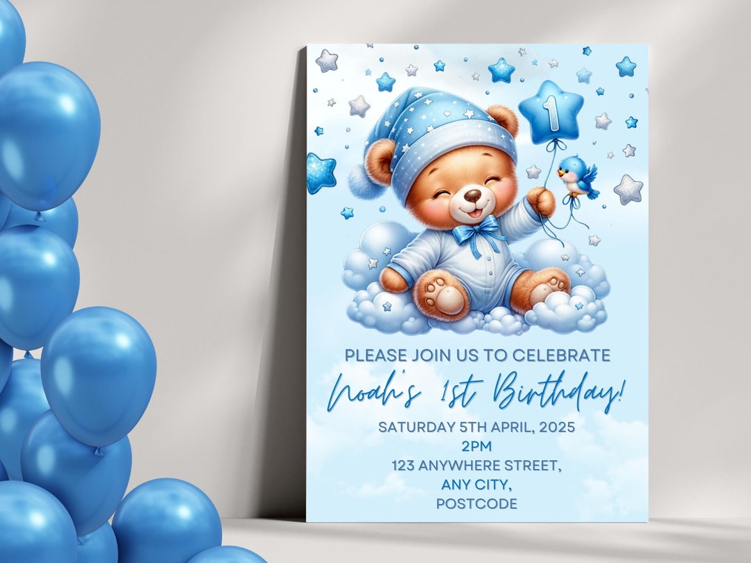 Editable Bear First Birthday Invitation Template, Baby Boy, Blue 1st ...