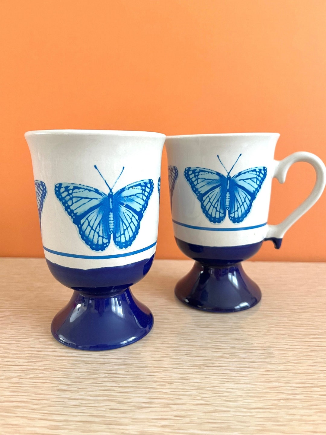Vintage 70s Footed Blue Butterfly Ceramic Mugs - Set of 2 - 8 Oz. - Etsy