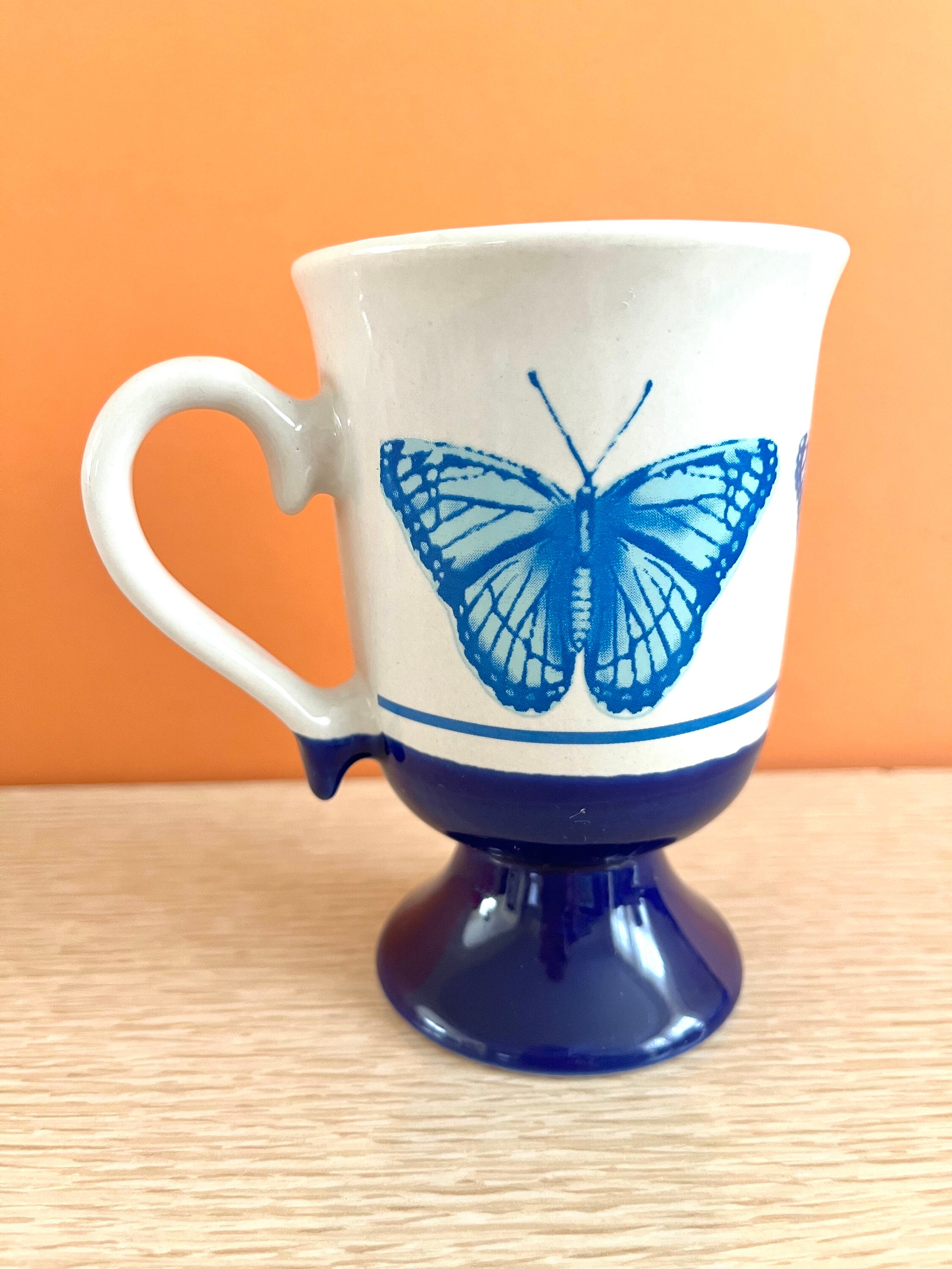 Vintage 70s Footed Blue Butterfly Ceramic Mugs Set of 2 8 Oz. - Etsy