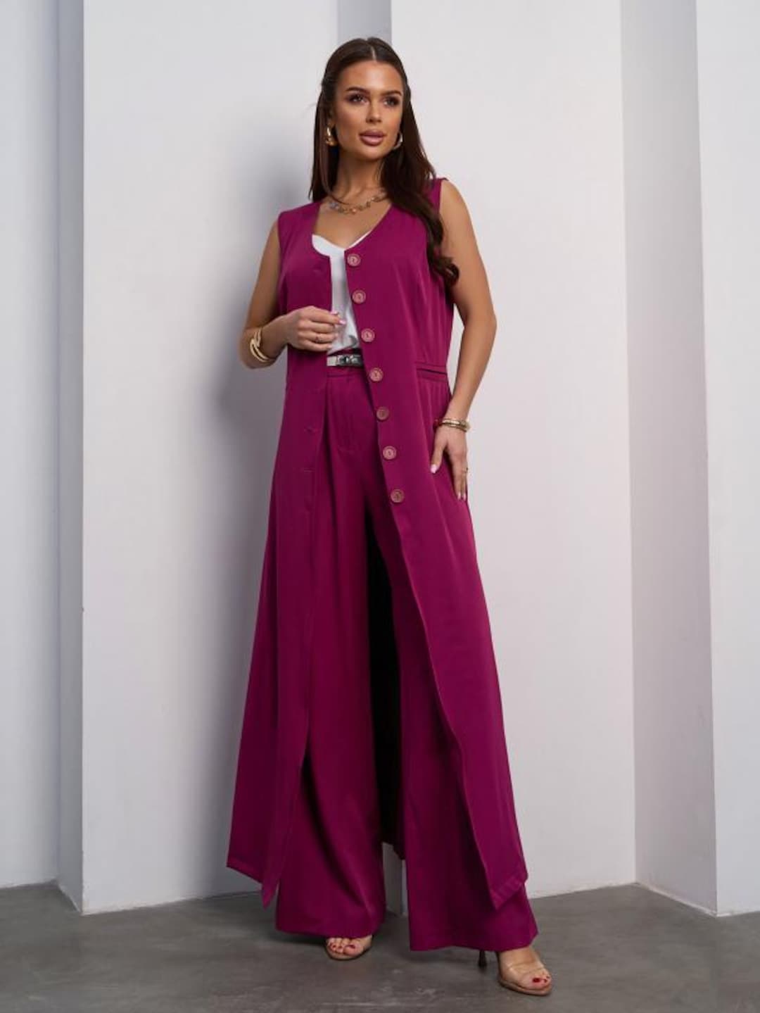 Burgundy Women’s Trendy Suit, Plus Size, Long Vest & Wide-leg Pants Set ...