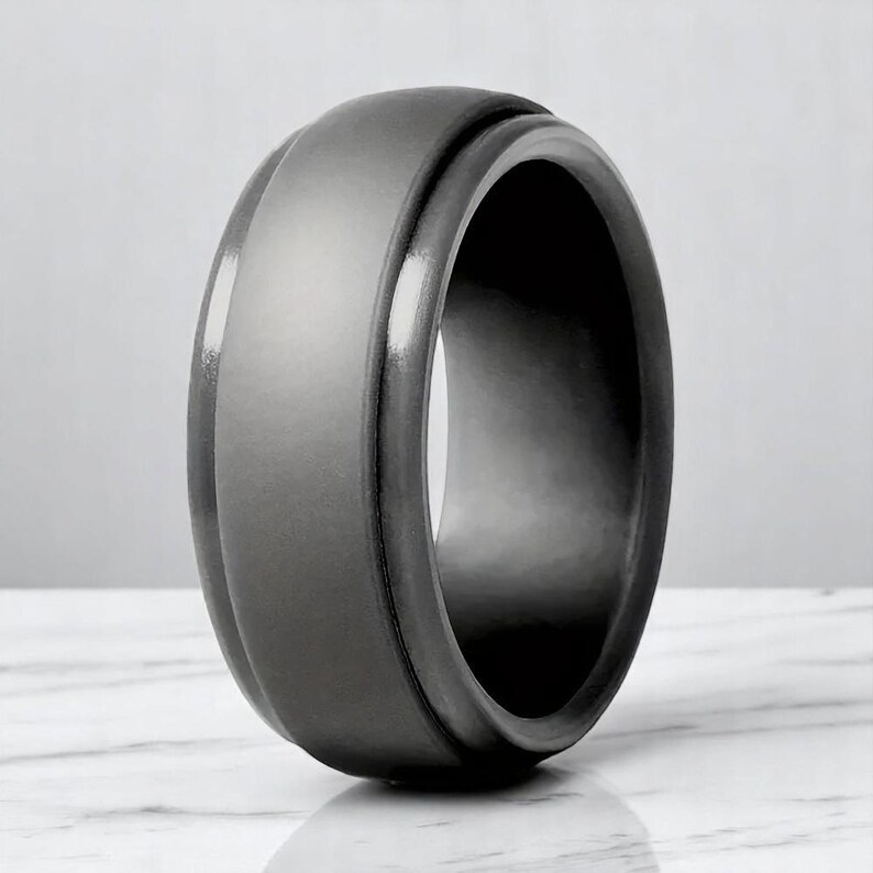 Men's 8mm Silicone Wedding Band: Black or Gray Step Edge Design - Etsy