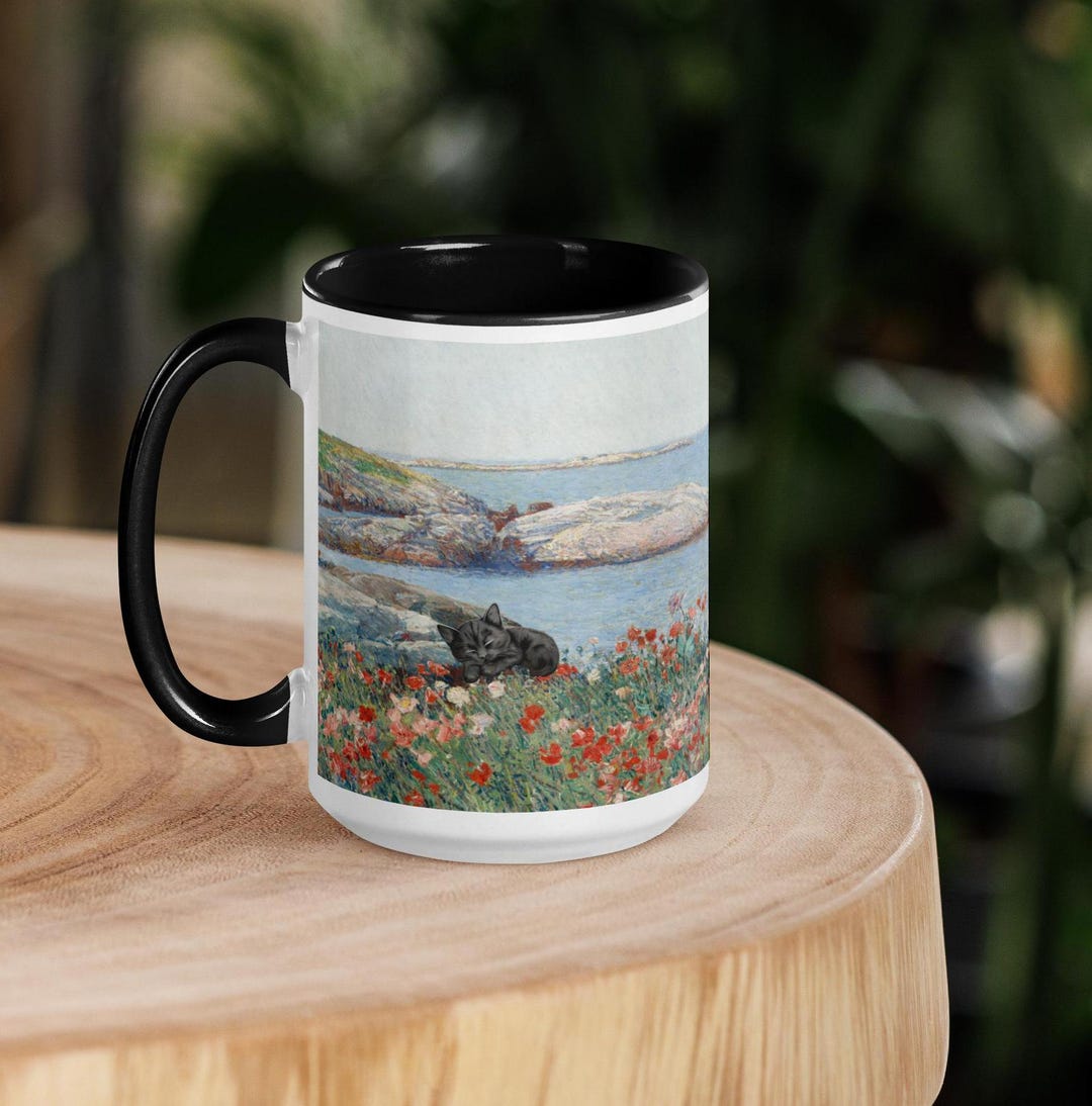 Coastal Dreams: Black Cat Napping in Field of Poppies - Coffee Mug ...