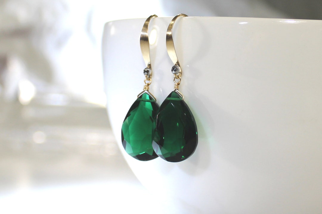 Emerald Green Earrings, Gold Earrings, Green Quartz, Luxe, Dangle ...