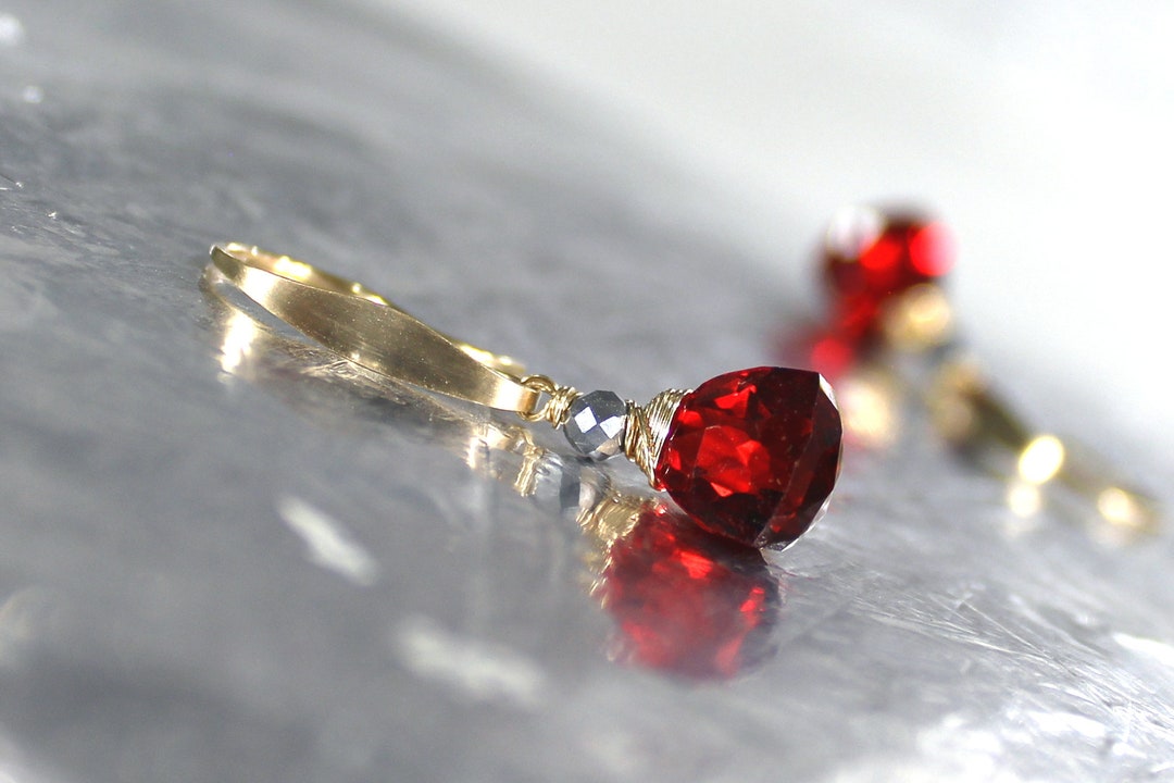 Red Earrings, Gold Earrings, Cherry Red Quartz, Red Gold Silver ...