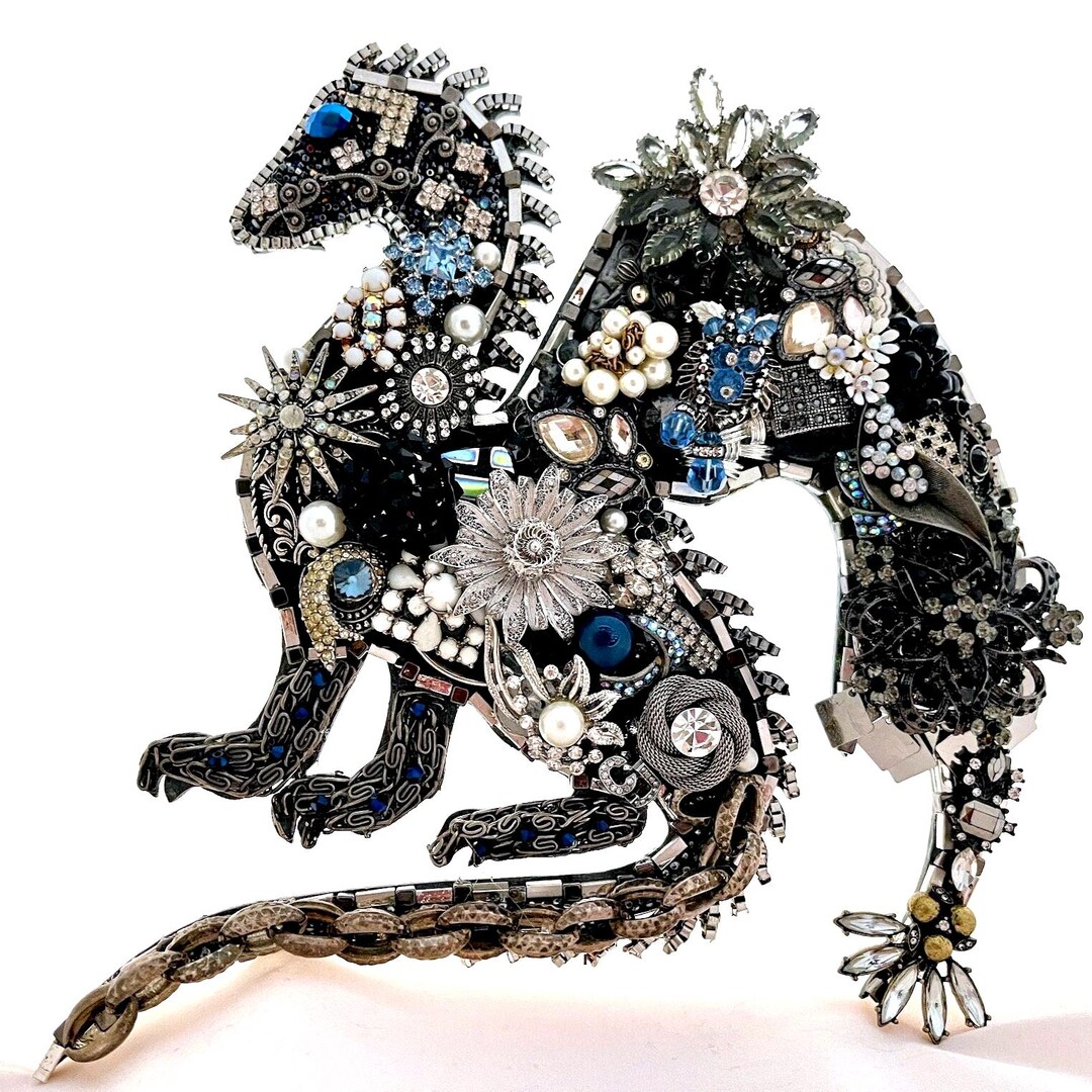 Dragon Wall Art, Vintage Jewelry Embellished Mosaic Collage, Unique ...