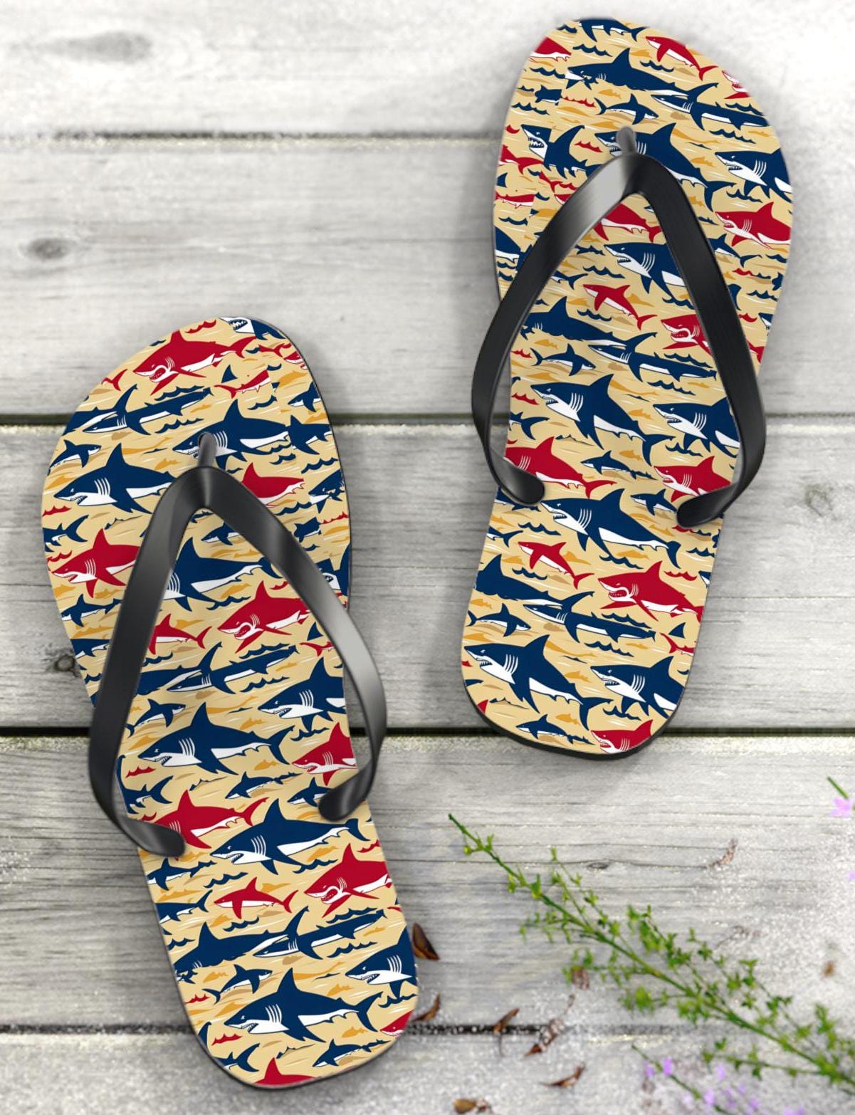 Shark Pattern Mens Flip Flops, Beach Sandals, Summer Footwear, Pool ...