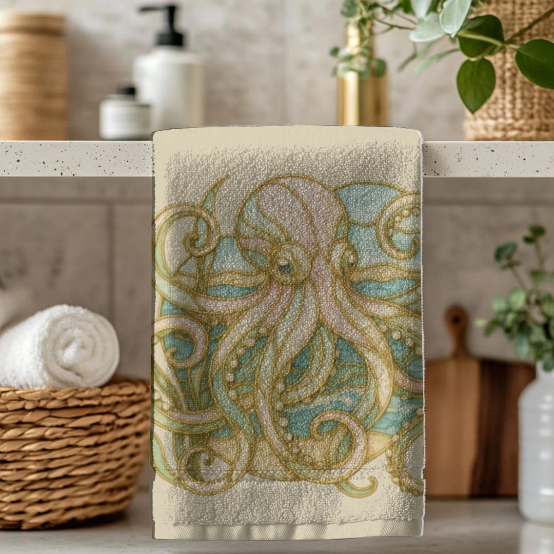 Octopus Hand Towel Stained Glass Coastal Bathroom Towel Ocean Art Decor ...