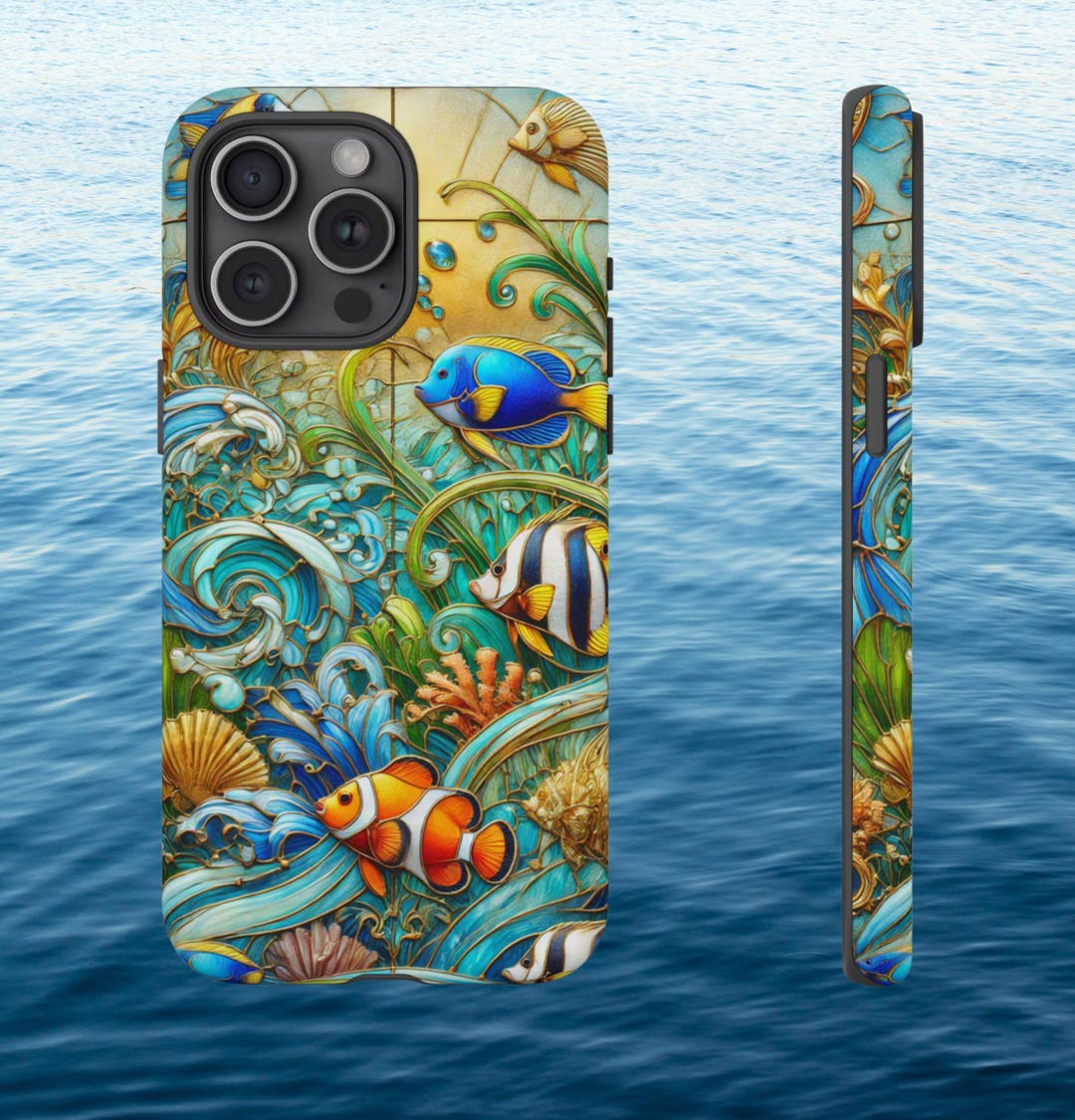 Stained Glass Vibrant Ocean Life Phone Case, iPhone 16, Marine-themed ...