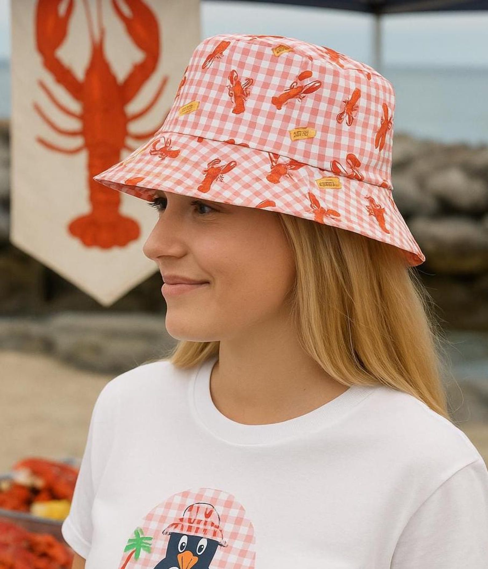 Gingham Lobster and Butter Bucket Hat, Summer Vacation Seafood Lover ...