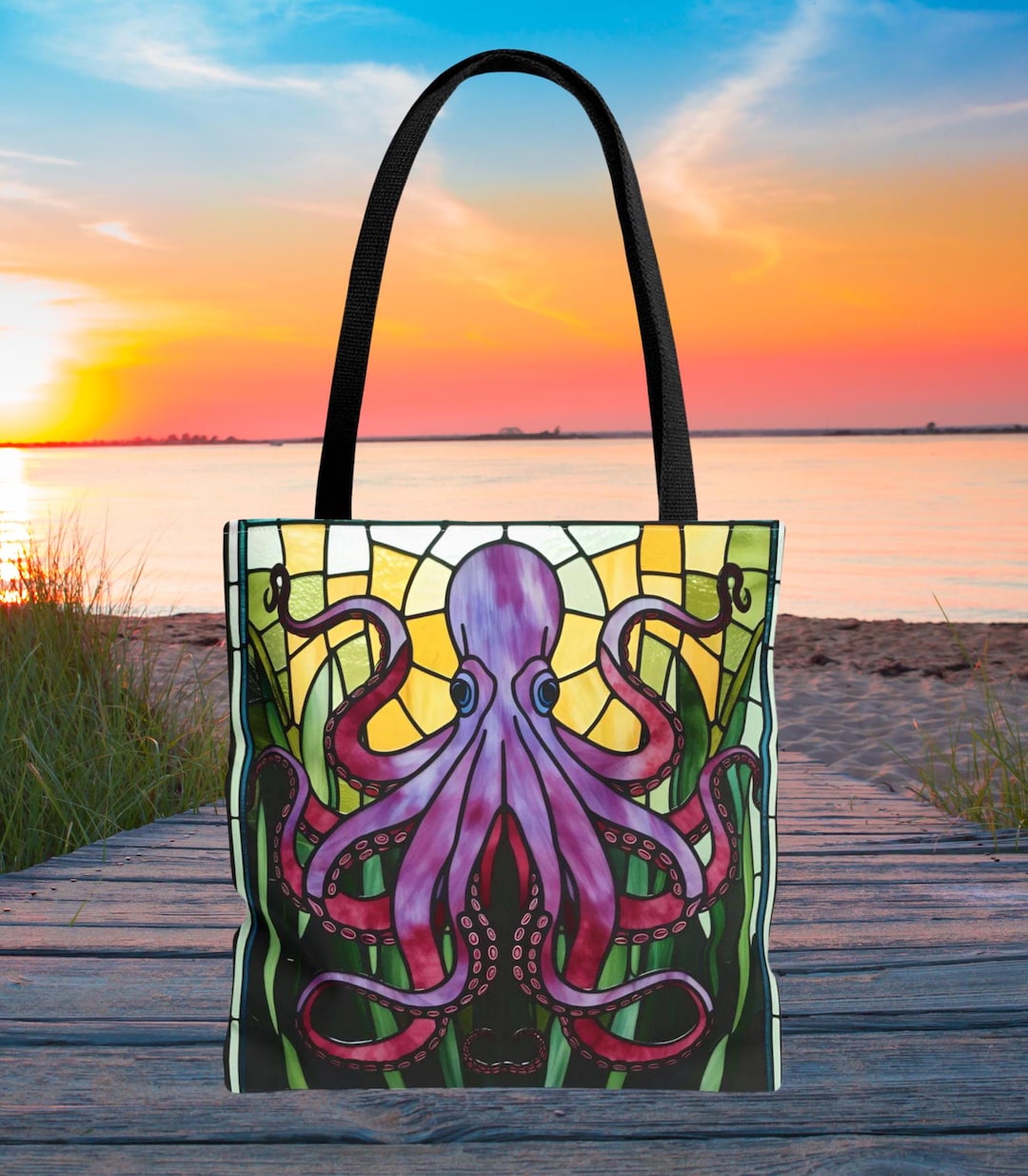 Boho Pink Octopus Tote Bag - Beach Bag, Vacation Trip Bag, Stain Glass ...