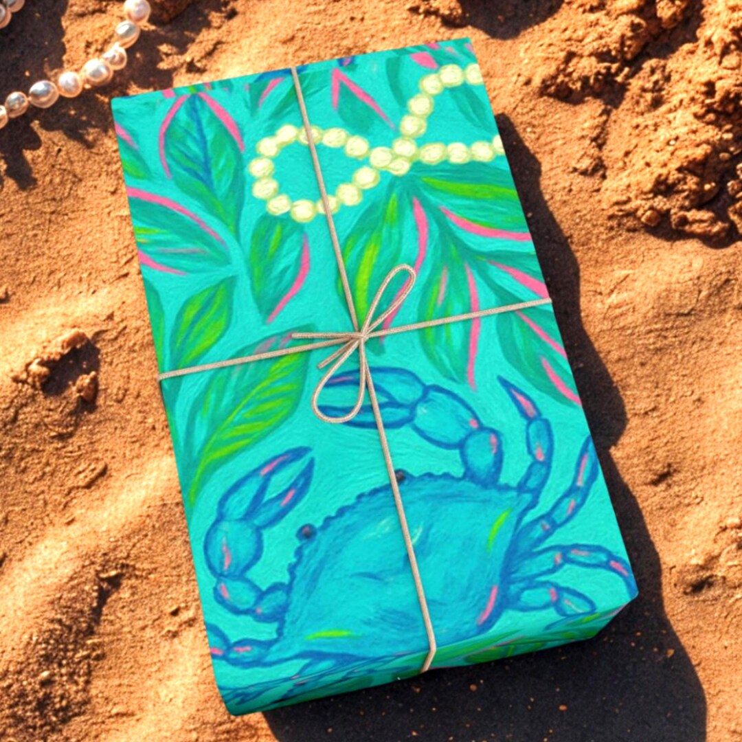 Island Luxe Wrapping Paper, Mediterranean Blue Crab Bows Seaweed Print ...
