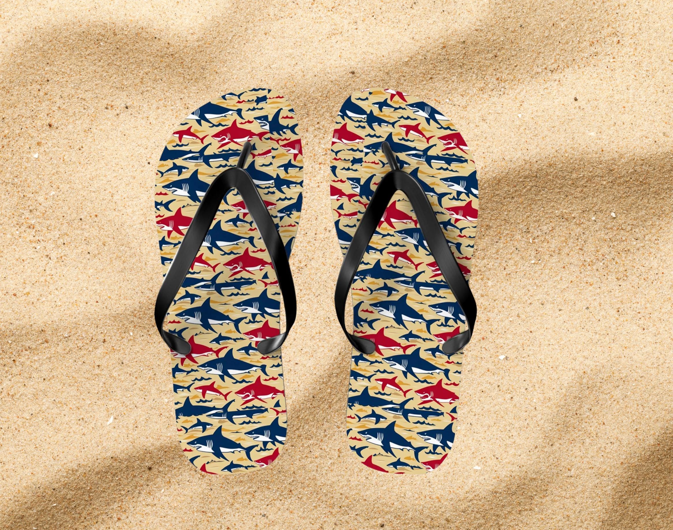 Shark Pattern Mens Flip Flops, Beach Sandals, Summer Footwear, Pool ...
