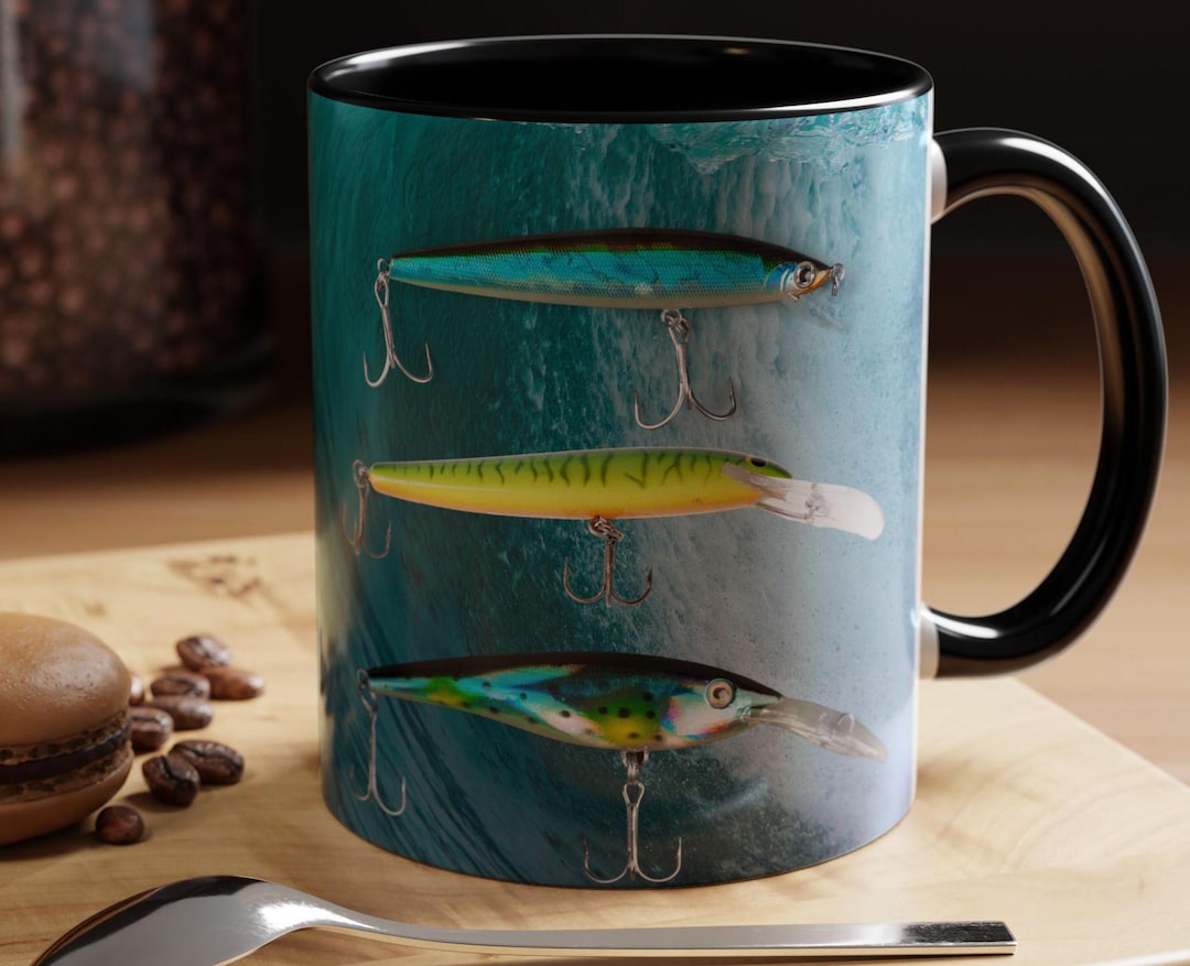 Fishing-themed Coffee Mug Ocean Waves & Lures Design, Gift for Husbands ...