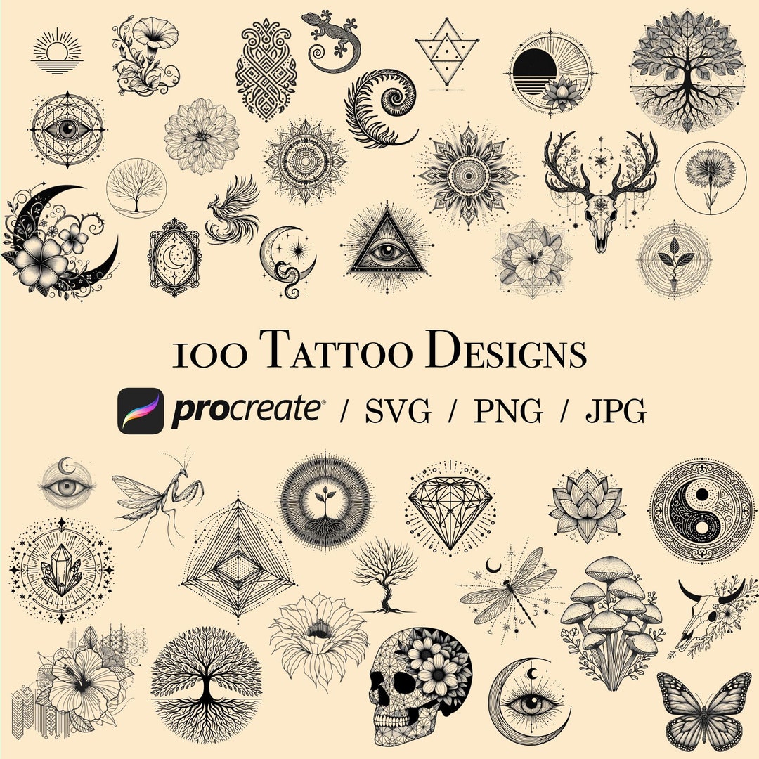 100 Tattoo Designs – Procreate Stamps, SVG, PNG & JPG – Digital Art ...