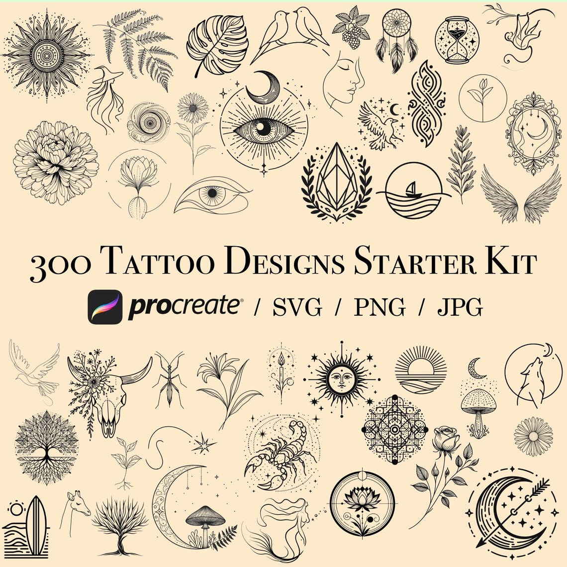 300 Tattoo Designs Starter Kit – Procreate Stamps, SVG, PNG & JPG ...