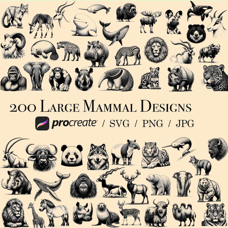 200 Large Mammal Designs – Procreate Stamps, SVG, PNG & JPG – Digital ...