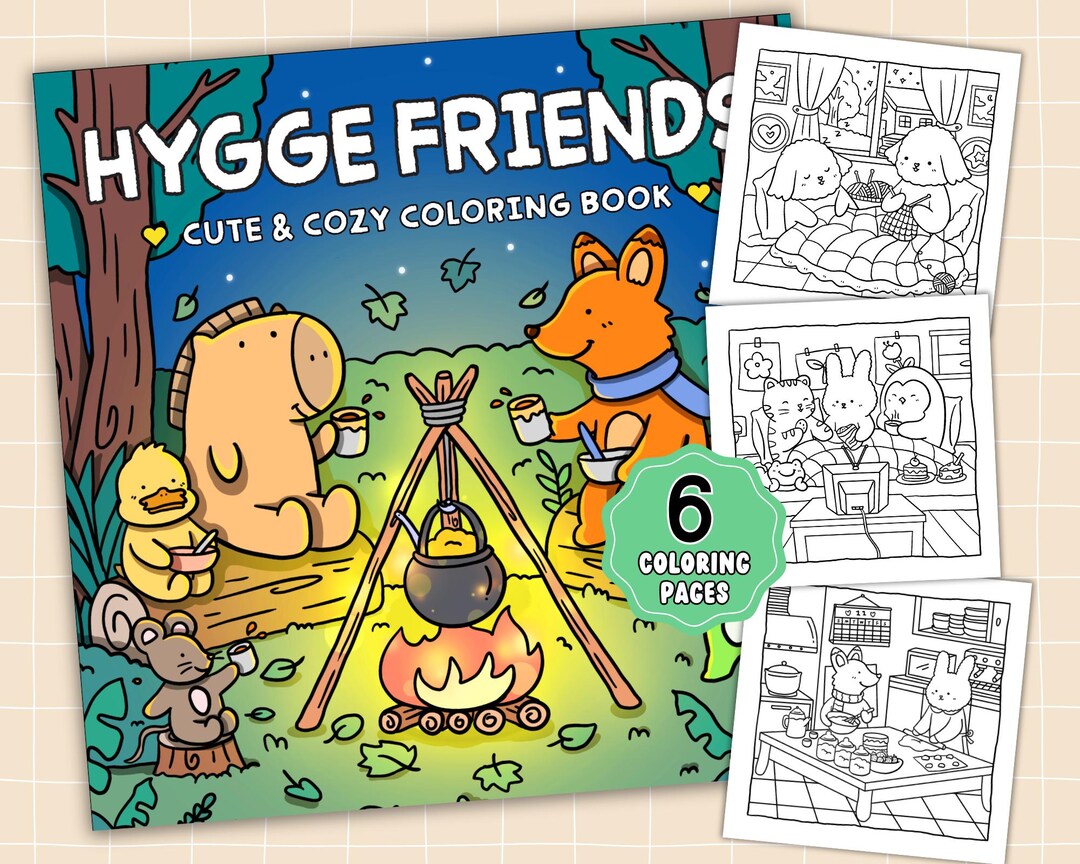 Hygge Friends Coloring Pages, 6 Cute and Cozy Scenes, Printable Instant ...