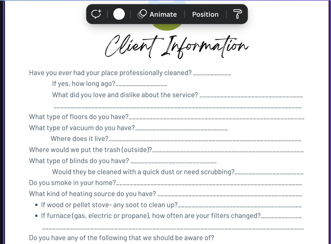 Cleaning Service Client Intake Form Template | Editable Canva Template ...