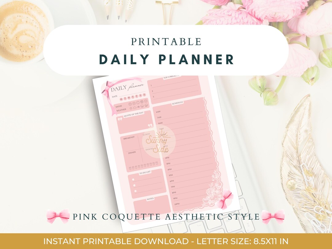 Printable Pink Coquette Daily Planner Sheet, Daily Plan, Time Tracker ...