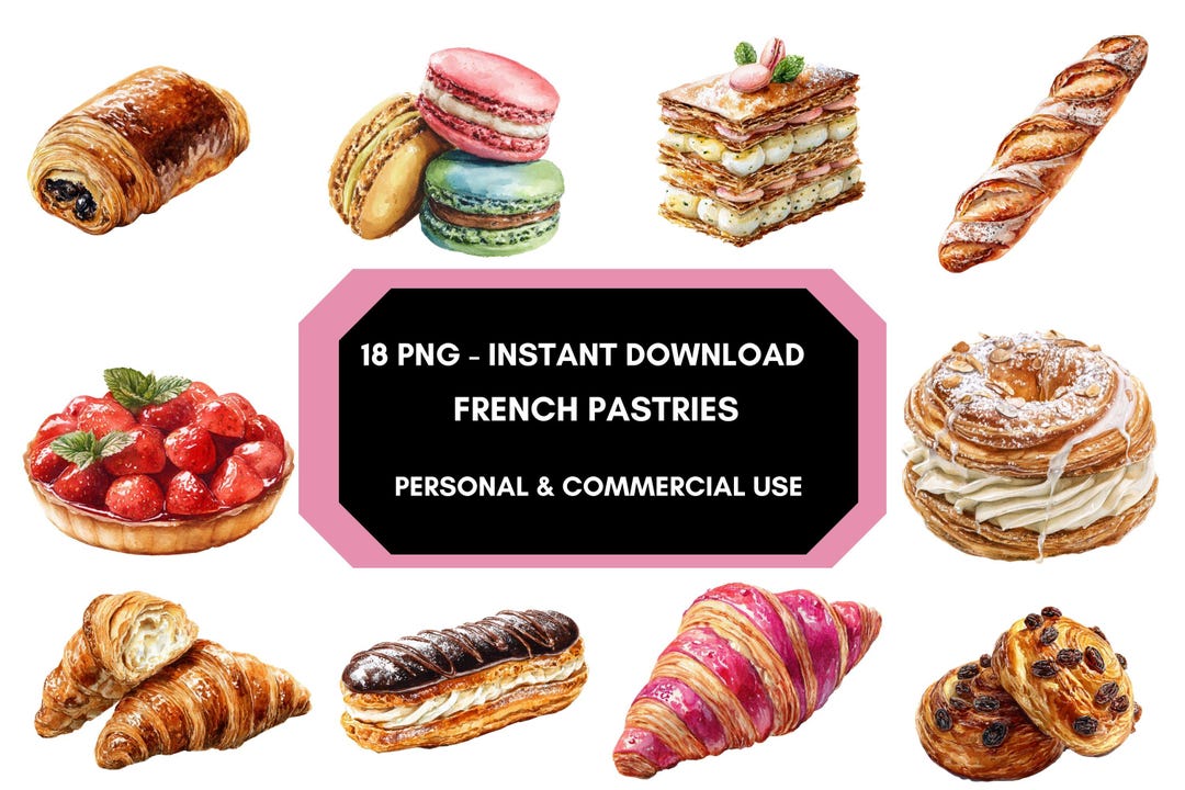 French Pastry Clipart, Watercolor Clipart, Food Clipart, Croissant Png ...