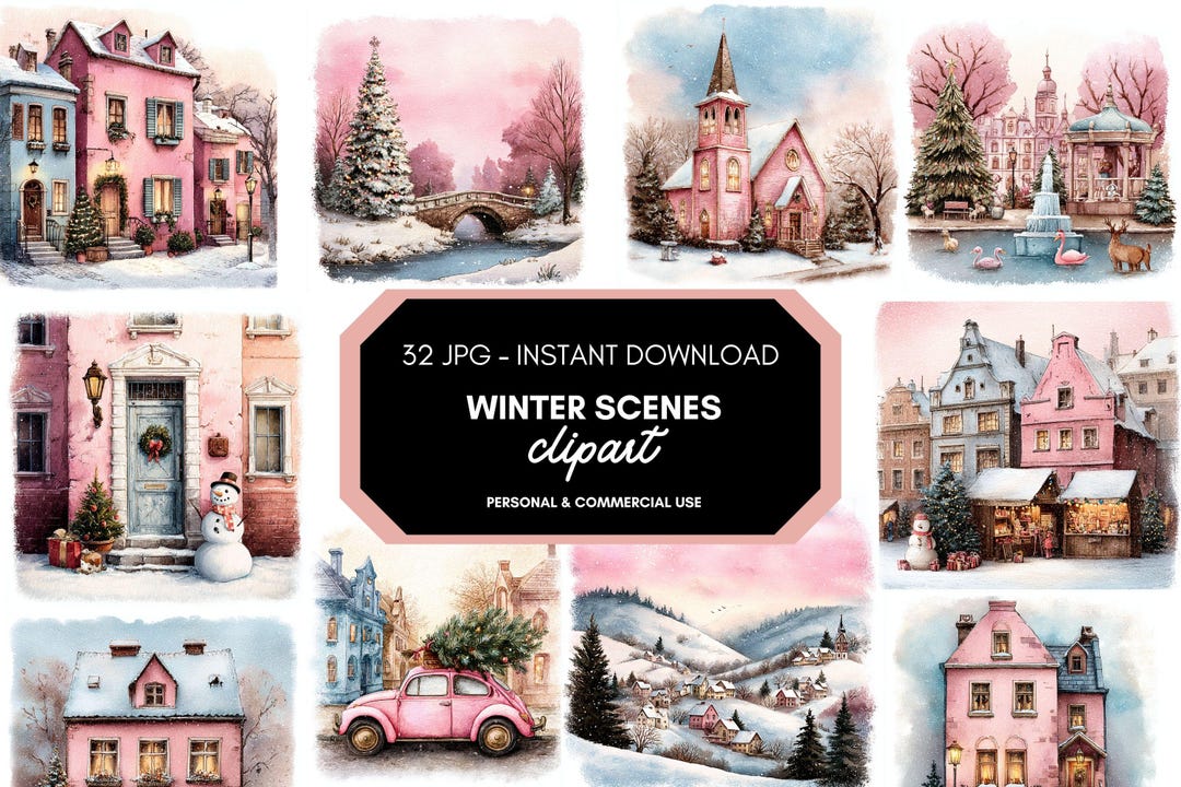 Winter Scenes Clipart Bundle, Snowy Landscapes, Graphics Digital ...