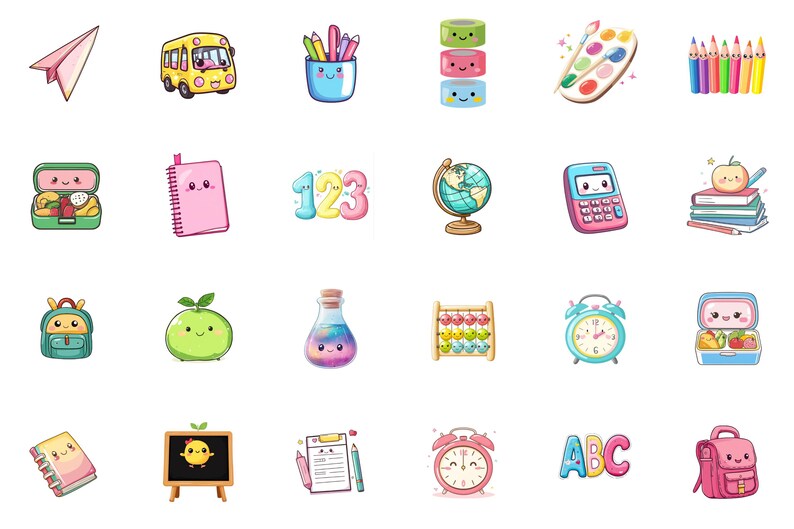 Cute Kawaii School Clipart Set - 30 PNG Files | Back to School Stickers ...