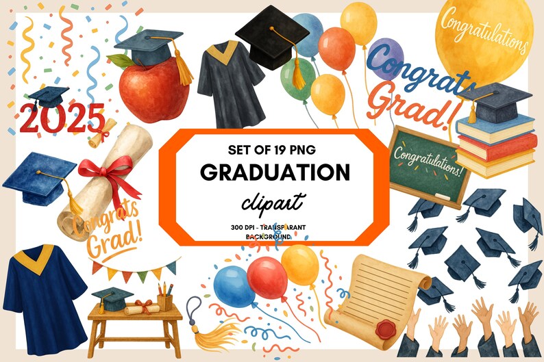 Graduation Png Design | Watercolor Grad Cap, Diploma, Balloons ...