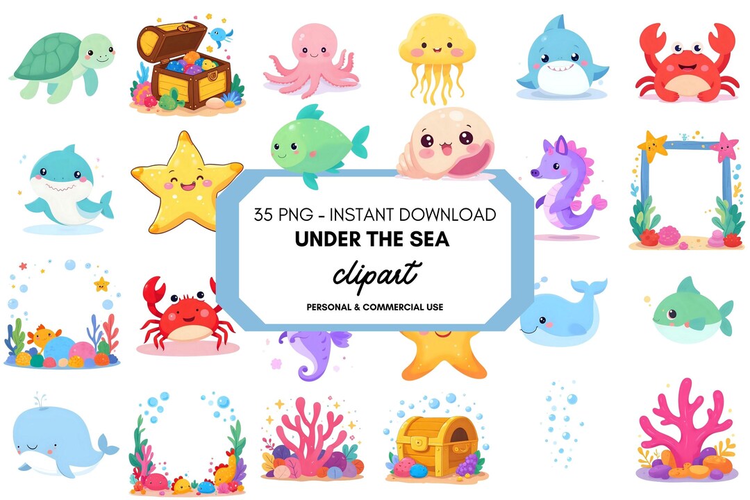 Sea Animals Clipart Bundle, Turtle, Fish, Octopus Ocean Frames, Under ...