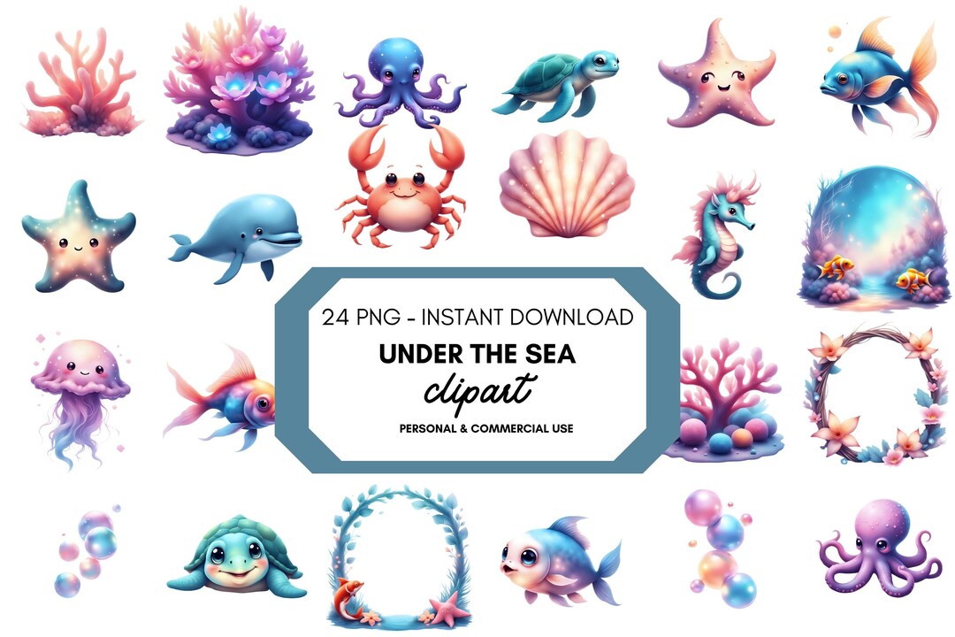Under the Sea Animals Clipart With Turtle, Fish, Octopus + Ocean Frames ...