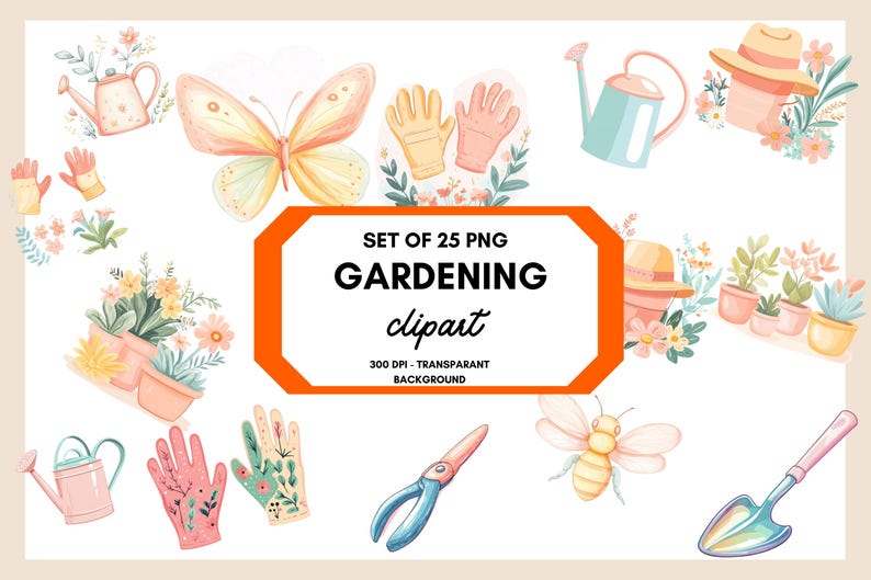 Gardening Tools Clipart Set – Cute Pastel Garden Stickers, PNG Graphics ...
