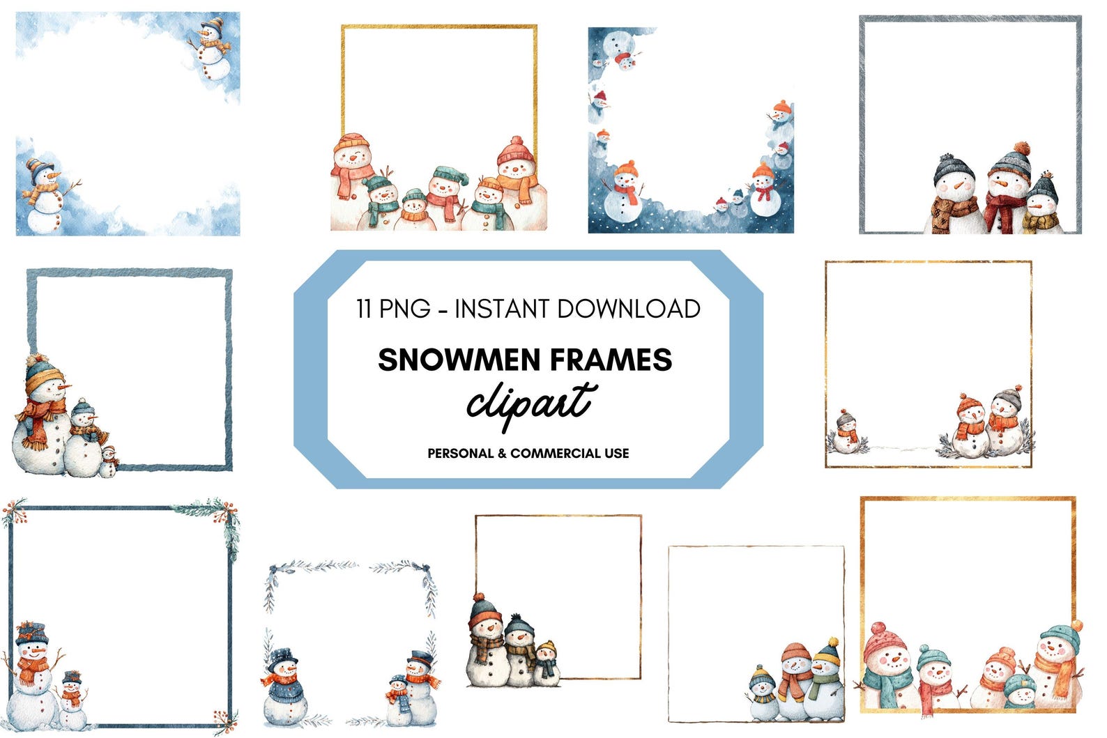 Snowmen Frames Clipart, Snowman Frames Png, Watercolor Snowmen Clipart ...