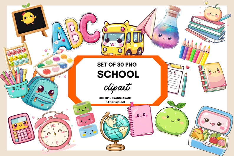 Cute Kawaii School Clipart Set - 30 PNG Files | Back to School Stickers ...