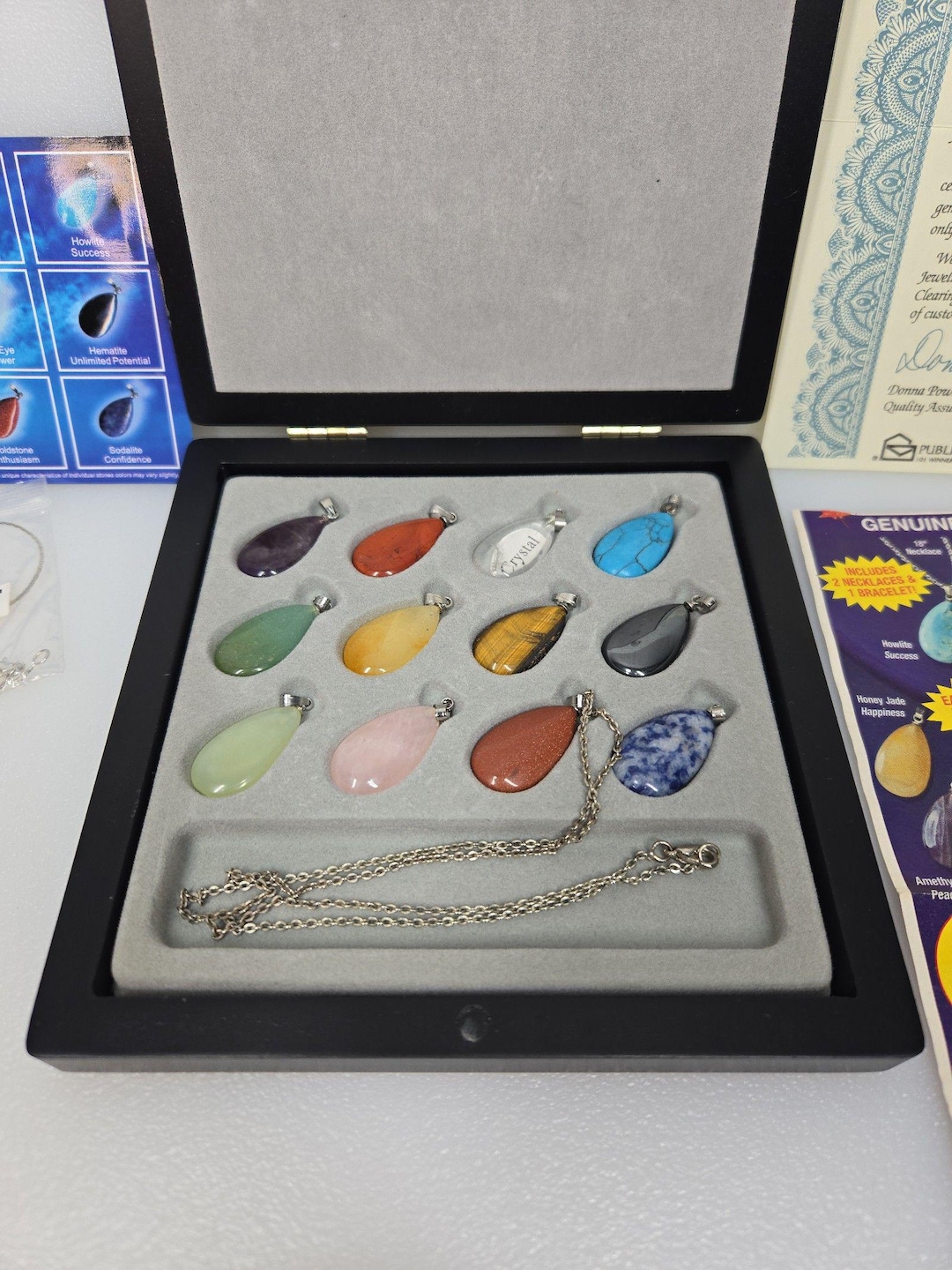 Vintage 12 Genuine Gemstones Drop Pendant Collection Box Set Necklace ...