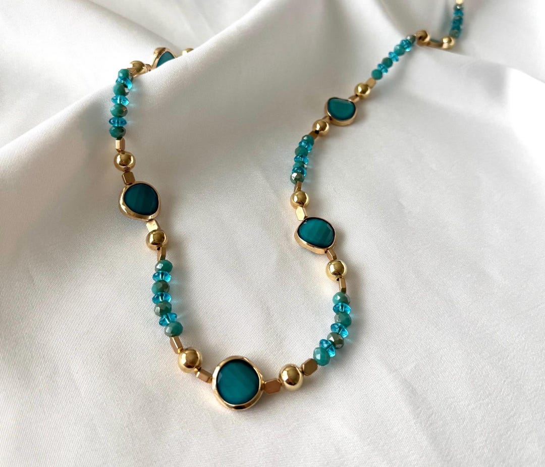 Teal and Gold Beaded Necklace, Long Handmade Jewelry Set, Gift for Her ...
