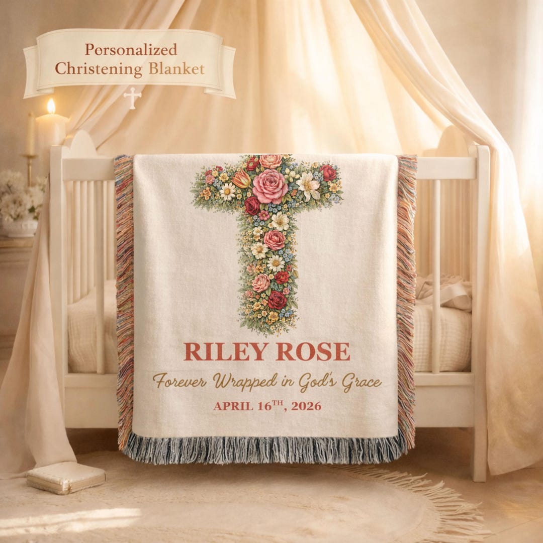 Personalized Floral Cross Baby Blanket, Woven Cotton Christening Gift ...