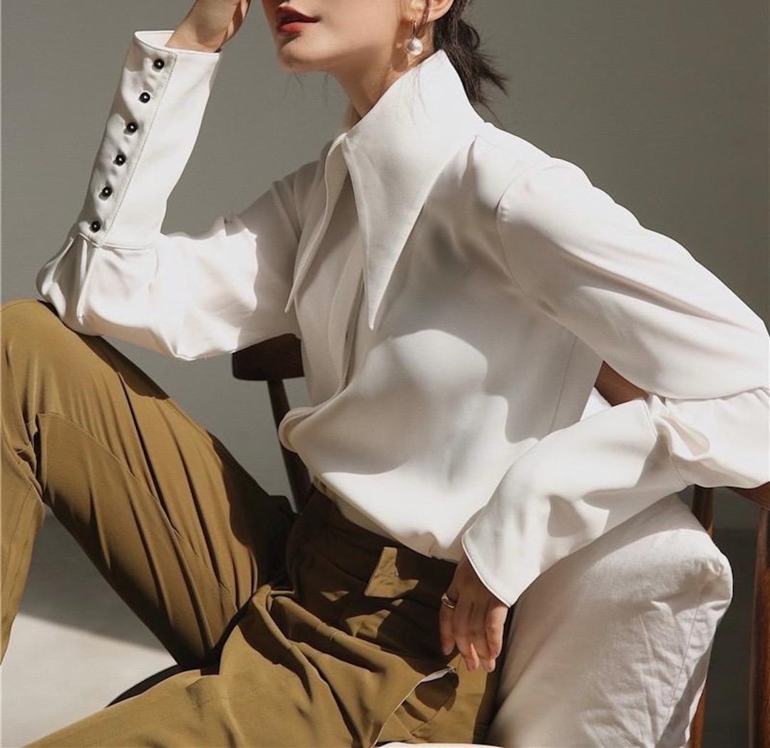White Dress Shirt – Minimalist Chic With Statement Collar - Etsy