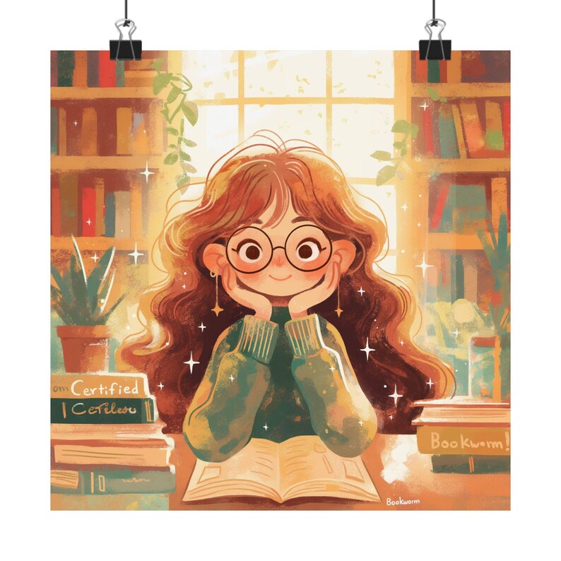 Vertical Art Print, Bookworm Poster, Matte Wall Decor, Cute Reading Art ...