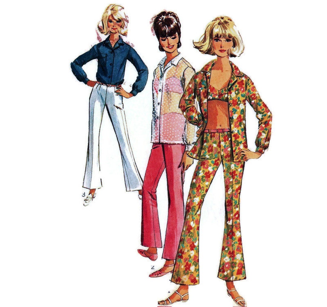 1960s Hip-hugger Bellbottom Pants, Shirt and Bra Top Pattern Simplicity ...