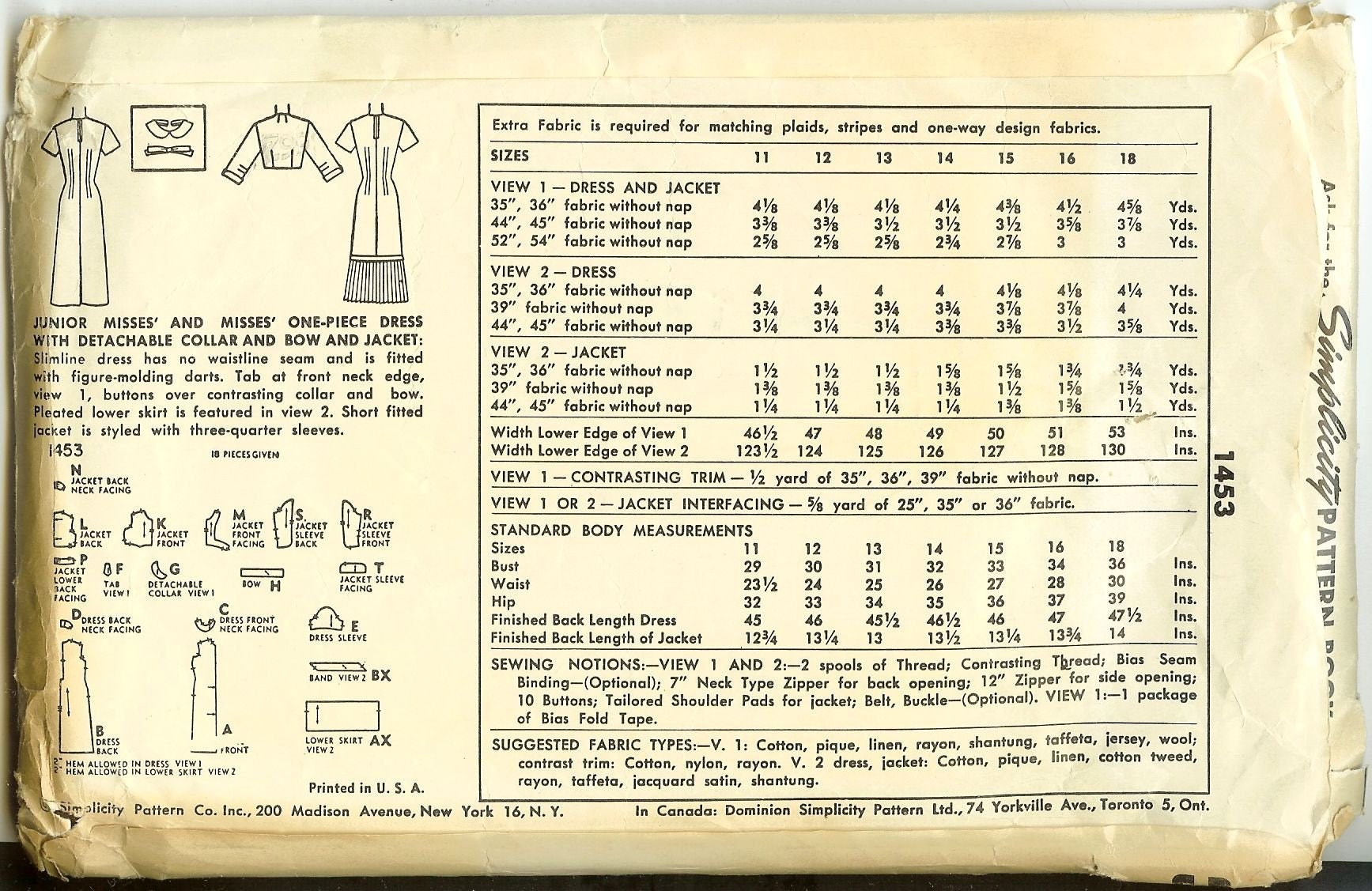 1950s Slim Dress and Short Jacket Pattern Simplicity 1453 B29 Sz 11 ...