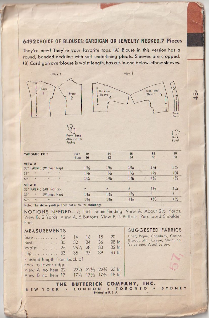 1950s Blouse and Cardigan Sewing Pattern Butterick 6492 Sz 14 - Etsy