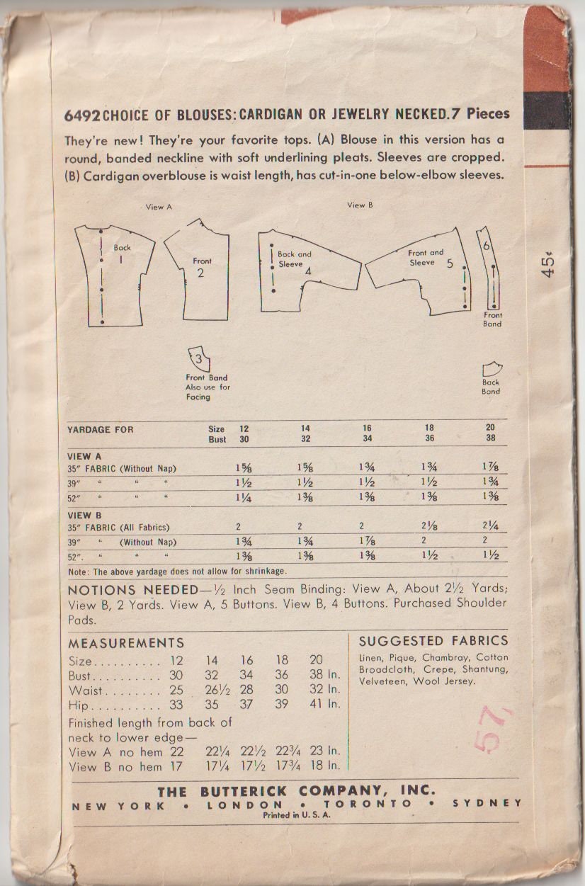 1950s Blouse and Cardigan Sewing Pattern Butterick 6492 Sz 14 - Etsy