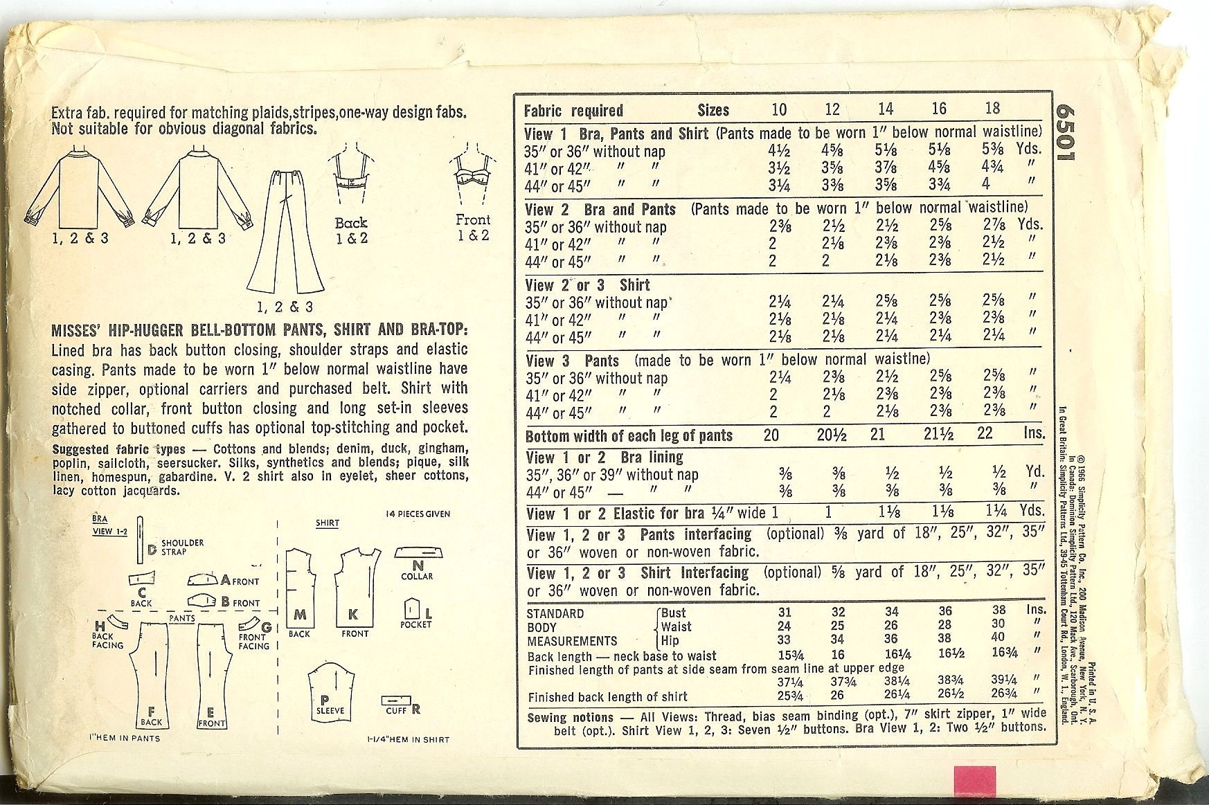 1960s Hip-hugger Bellbottom Pants, Shirt and Bra Top Pattern Simplicity ...