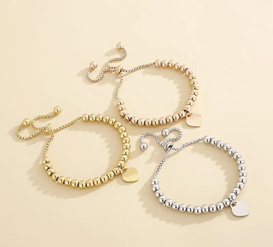 18K GOLD FILLED Beaded Bracelet With Heart Charm Adjustable Jewelry for Women - Etsy
