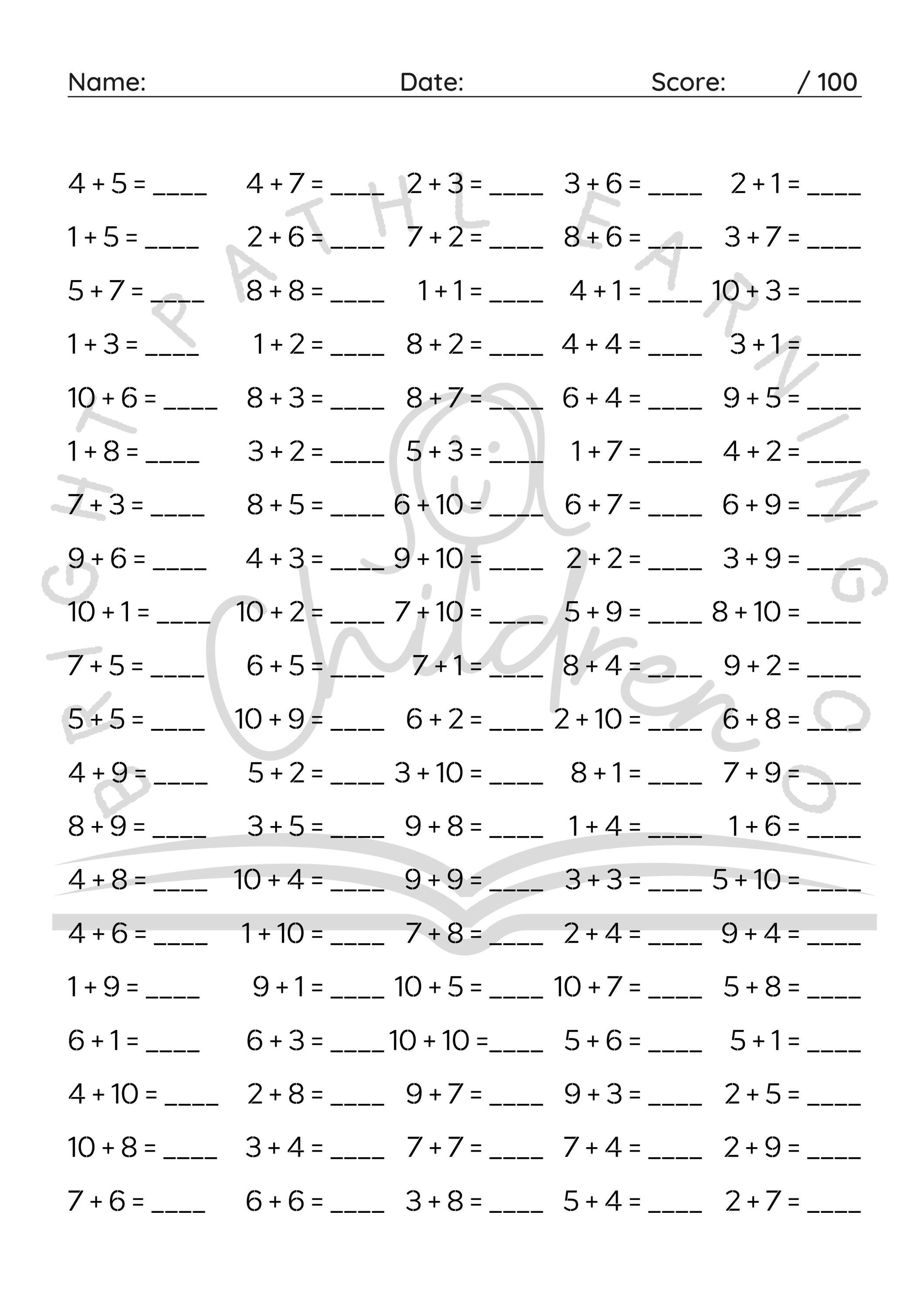 Maths Drill Addition Worksheets, Printable Numbers 1 to 10, Practice ...