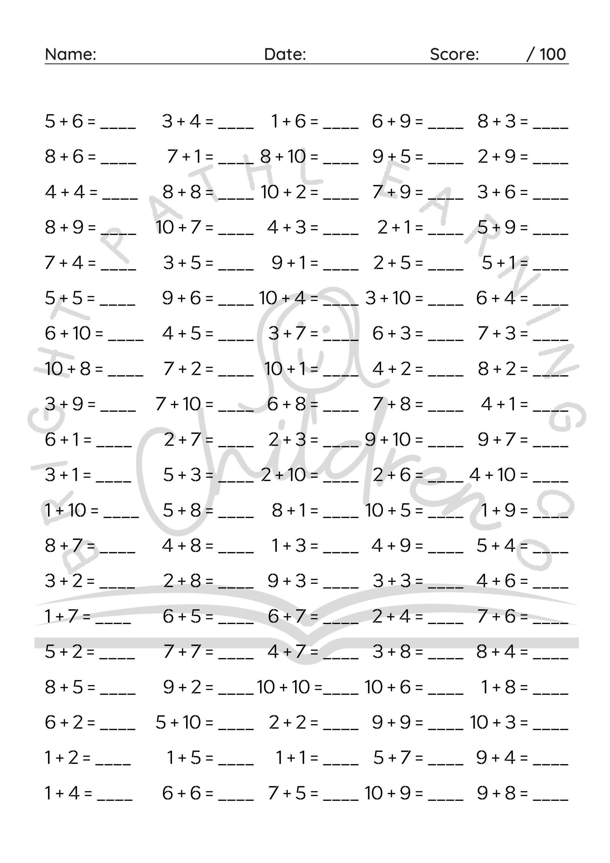 Maths Drill Addition Worksheets, Printable Numbers 1 to 10, Practice ...